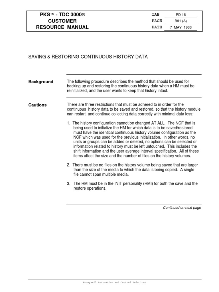 PKS - TDC 3000 Customer Resource Manual: Saving & Restoring Continuous ...