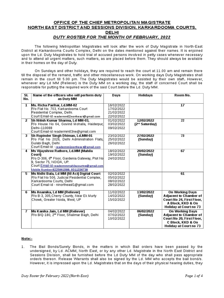 Duty Roster February 2022 | PDF | Magistrate | Delhi