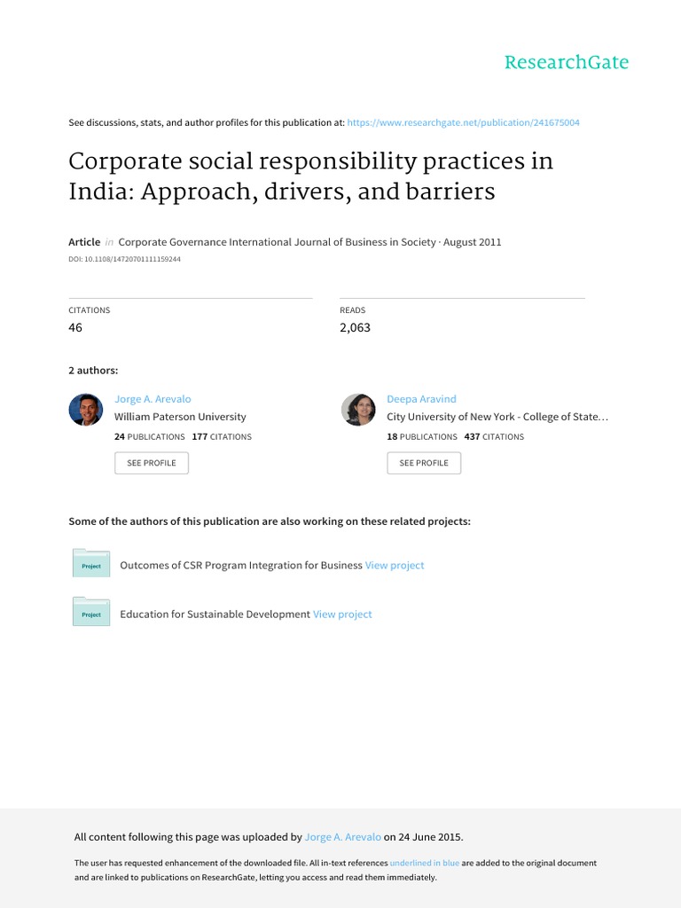 CSR Practices in India: Drivers and Barriers | PDF | Corporate Social ...
