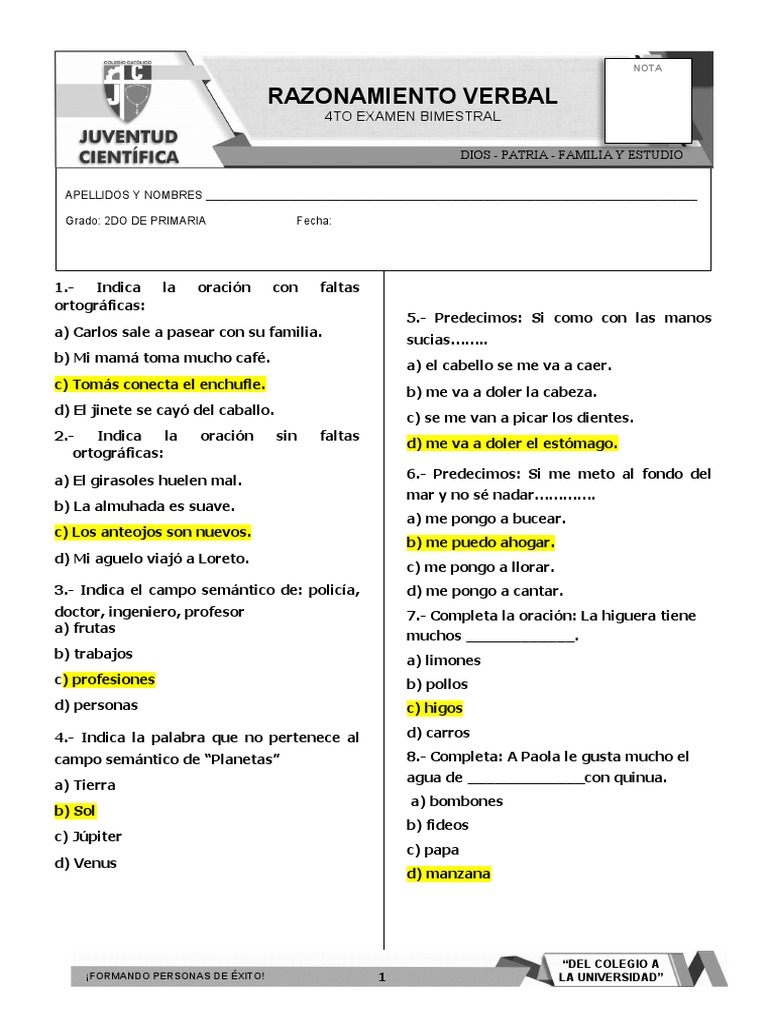 Examen de Raz Verbal 2do Prim | PDF