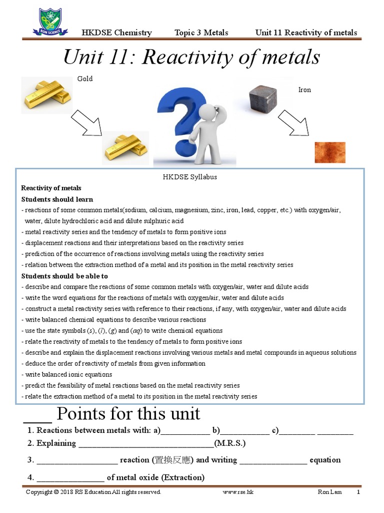 Reactivity of Metals Notes and Exercises For Secondary 4 (Grade 10 ...