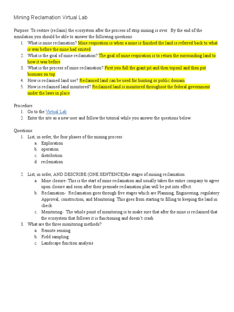 Virtual Mining Lab: Reclamation Process | PDF