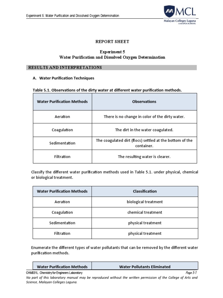 CHM031L - Laboratory Experiment 5 | PDF | Water Purification | Water
