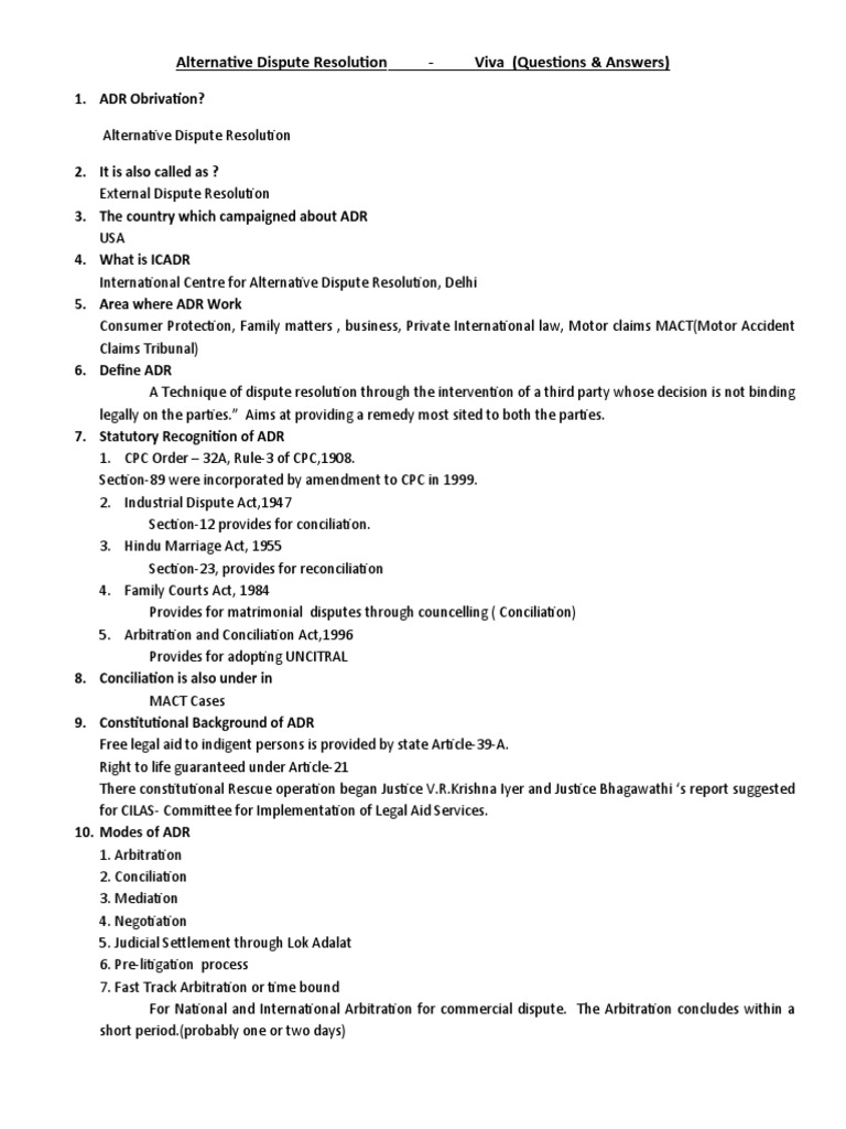 ADR Viva Questions and Answers | PDF | Alternative Dispute Resolution | Mediation
