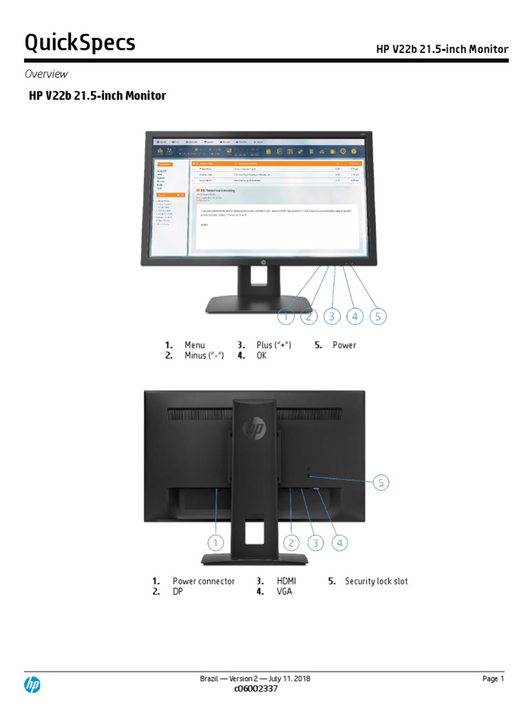 AMS DIS - HP V22b 21.5-Inch Monitor Quickspec - 585 | PDF | Computer Monitor | Display Resolution