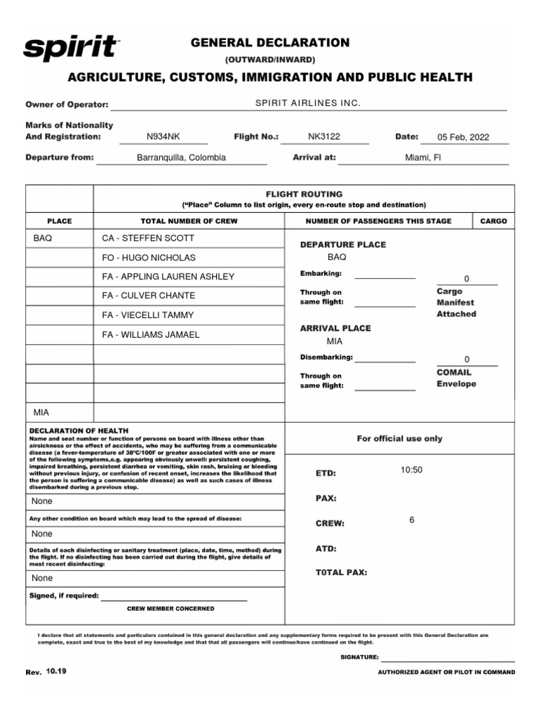 General Declaration for Flight Crew | PDF | Diseases And Disorders ...