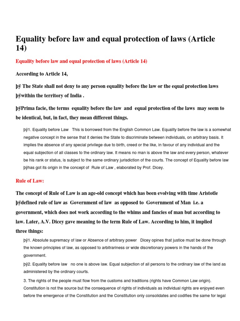 Article 14: Equality Before Law Explained | PDF