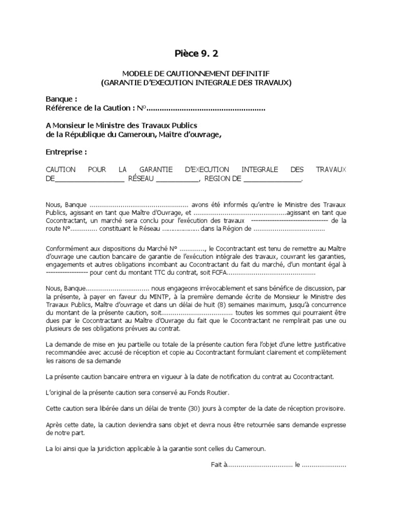 Pièce 9.2 - MODELE DE CAUTIONNEMENT DEFINITIF | PDF | Cautionnement | Banques