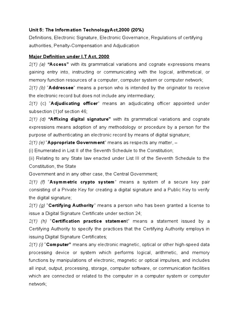 Unit 5: The Information Technologyact, 2000 (20%) | PDF | Public Key Cryptography | Computer ...