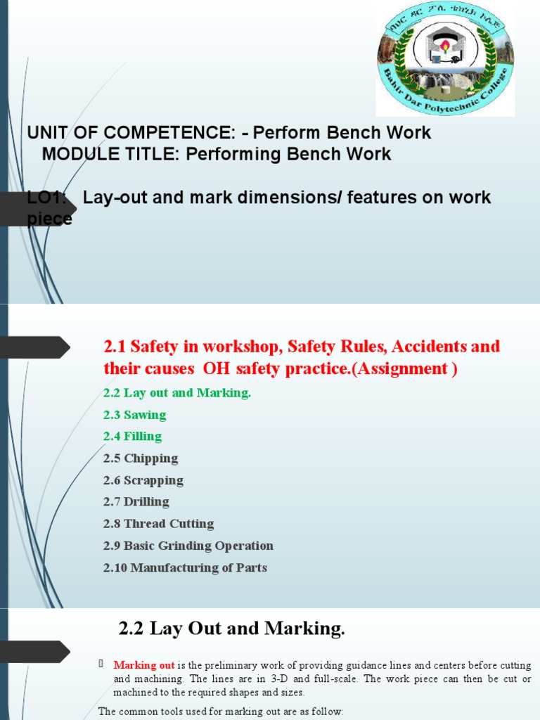 UNIT OF COMPETENCE: - Perform Bench Work MODULE TITLE: Performing Bench ...