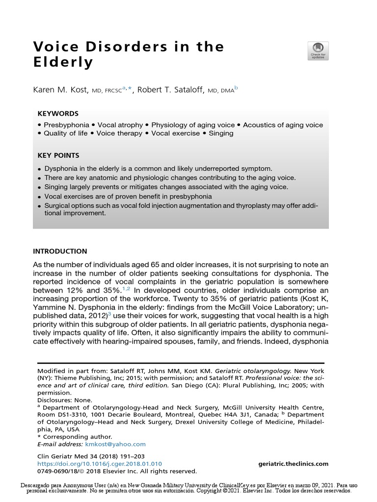 Voicedisordersinthe Elderly: Karen M. Kost,, Robert T. Sataloff | PDF ...