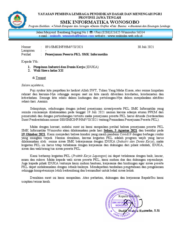 Surat Pemberitahuan Penerjunan PKL PKL 2021 | PDF