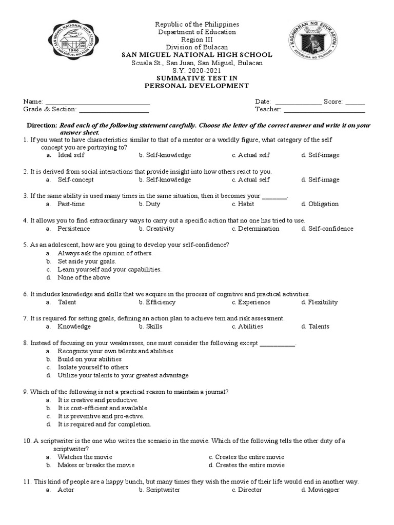 Summative Test in Personal Development Final | PDF | Adolescence | Emotions