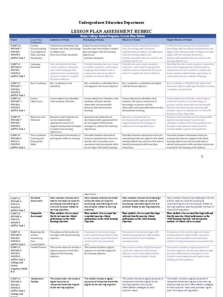 Lesson Plan Assessment Rubric & Lesson Plan Template Dec 2020 | PDF ...