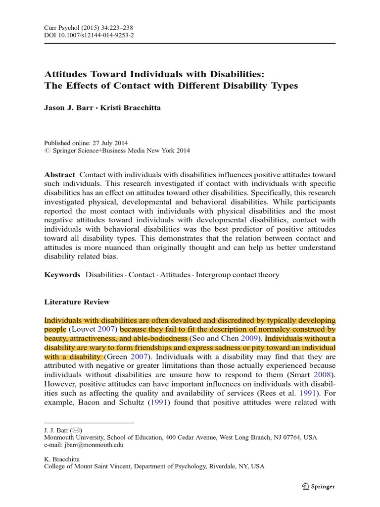 Attitudes Toward Individuals With Disabilities - The Effects of Contact ...