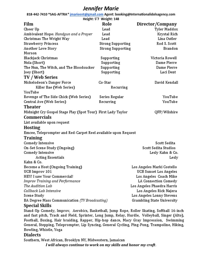 Jennifer Marie Updated Ent Resume | PDF | Entertainment