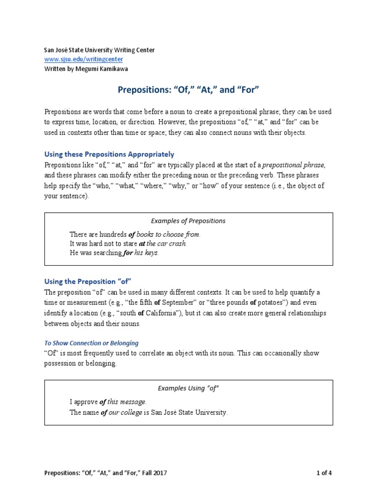 Prepositions of at and For | PDF | Preposition And Postposition | Noun