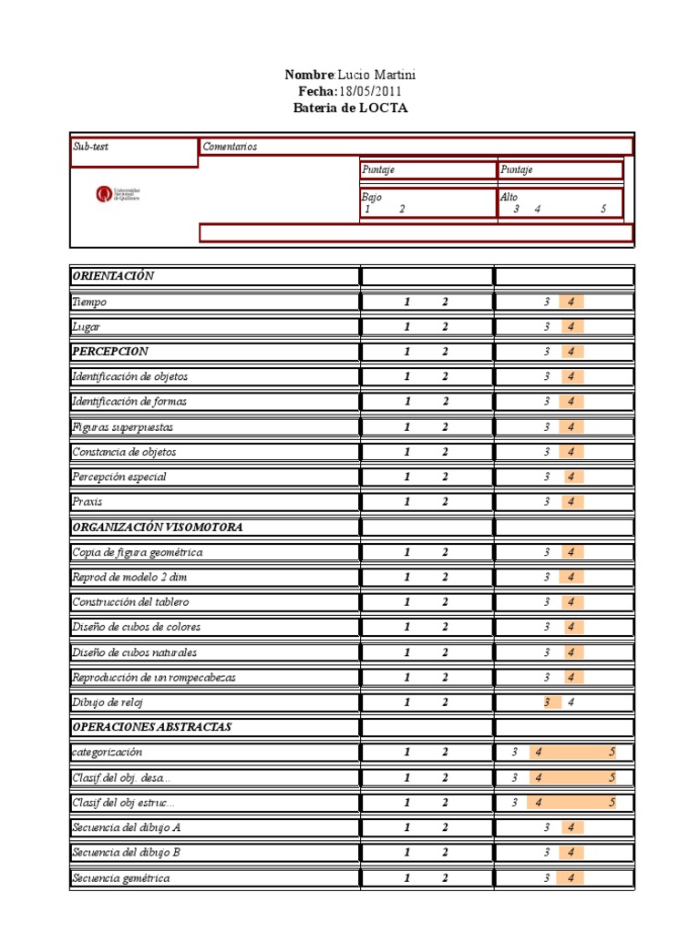 Evaluación de Lotca | Cognición | Sicología y ciencia cognitiva