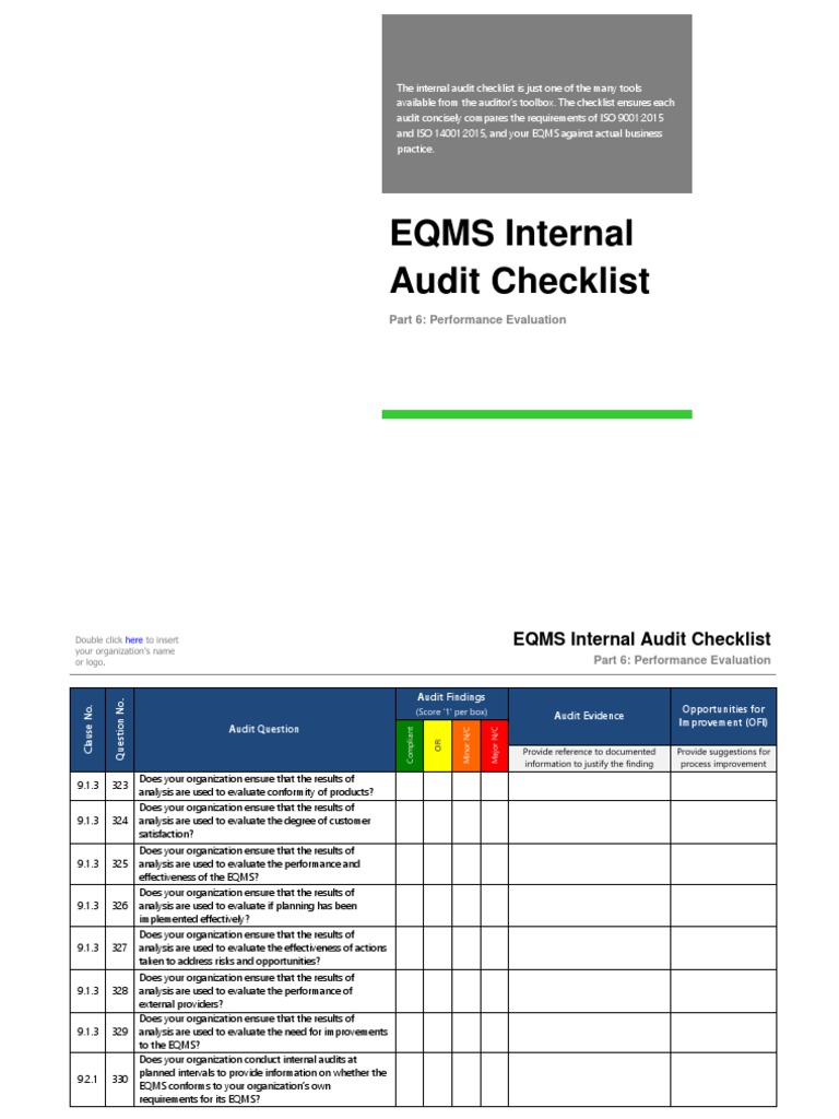EQMS Integrated Internal Audit Checklist Sample | PDF | Audit | Internal Audit