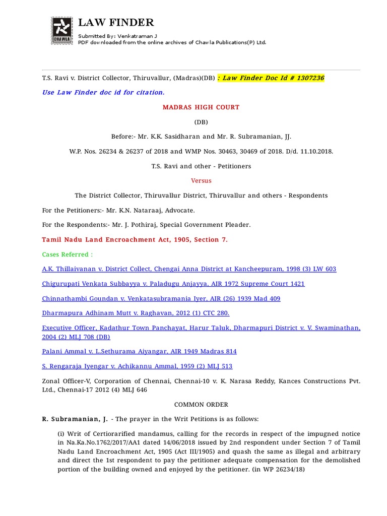 2018 IMP - T.S. Ravi v. District Collector, Thiruvallur, (Madras) (DB ...