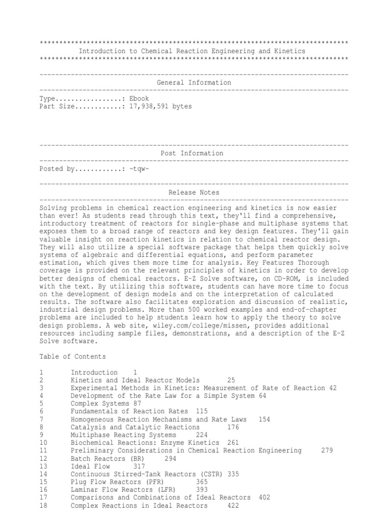 Introduction To Chemical Reaction Engineering And Kinetics Tqw Darksiderg Pdf Chemical 