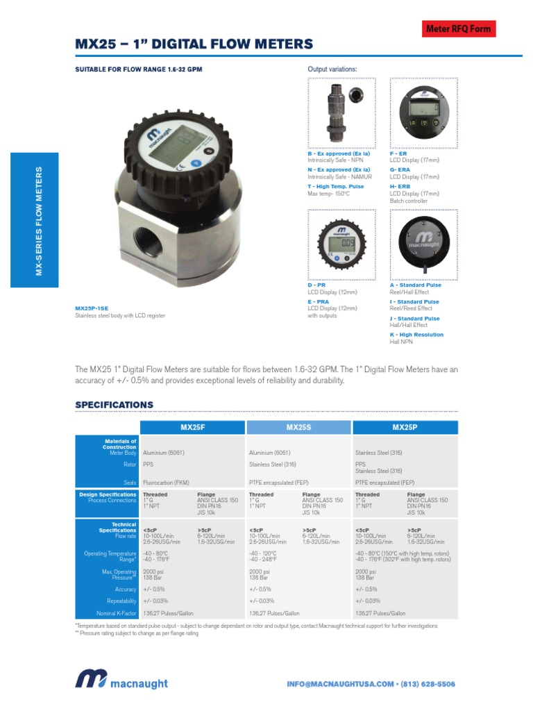 MX25 1" Flow Meter 1.6 32 GPM Technical Specifications | PDF | Flow ...