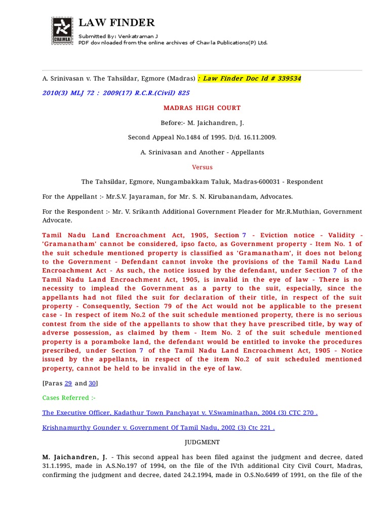 A. Srinivasan v. The Tahsildar, Egmore (Madras) | PDF | Lawsuit ...