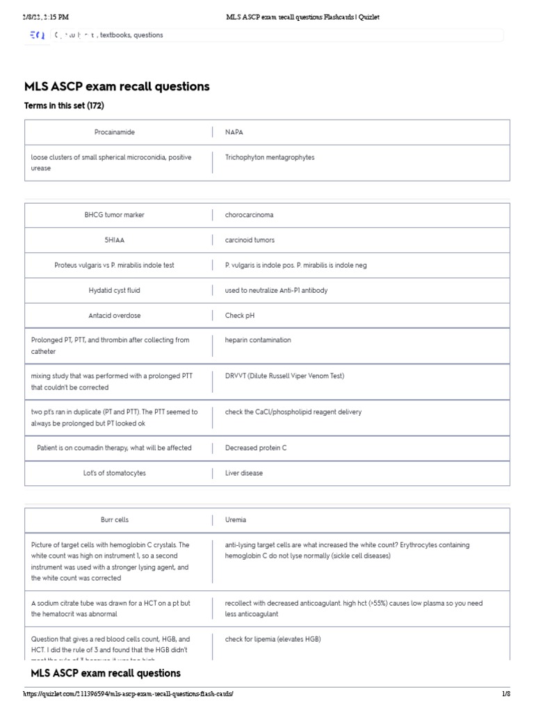 MLS ASCP Exam Recall Questions Flashcards - Quizlet | PDF | Immunology | Diseases And Disorders
