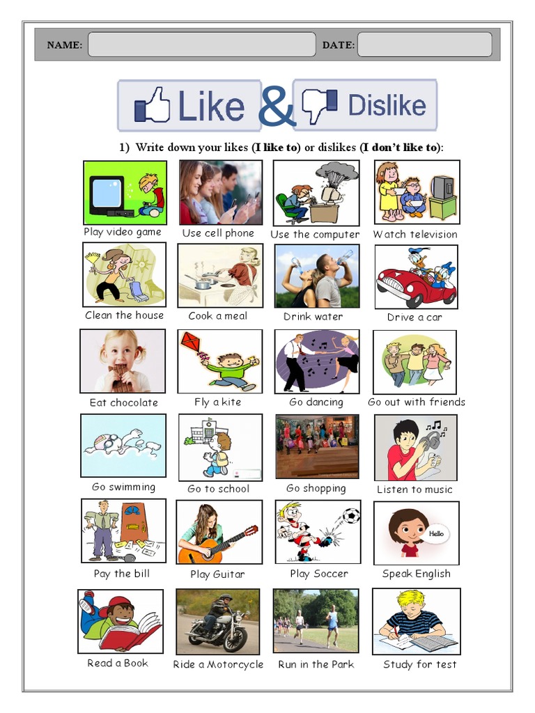 Likes and Dislikes Verbs Fun Activities Games Picture Description ...