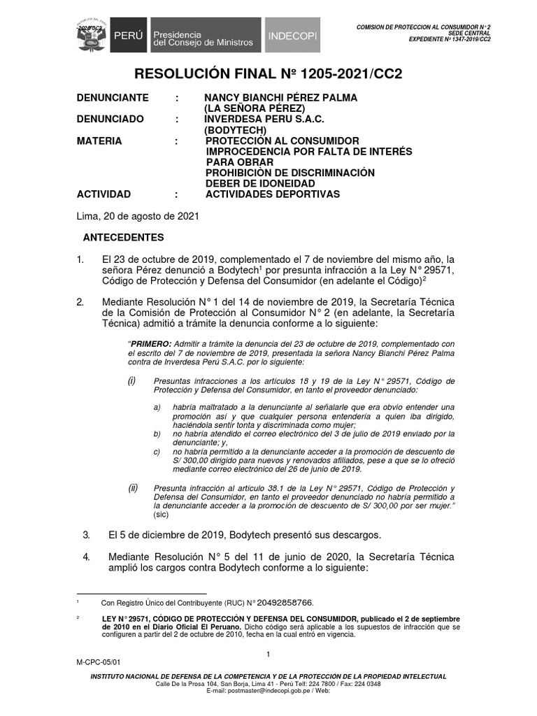 RESOLUCIÓN FINAL #1205-2021/CC2: Con Registro Único Del Contribuyente (RUC) N° | PDF ...