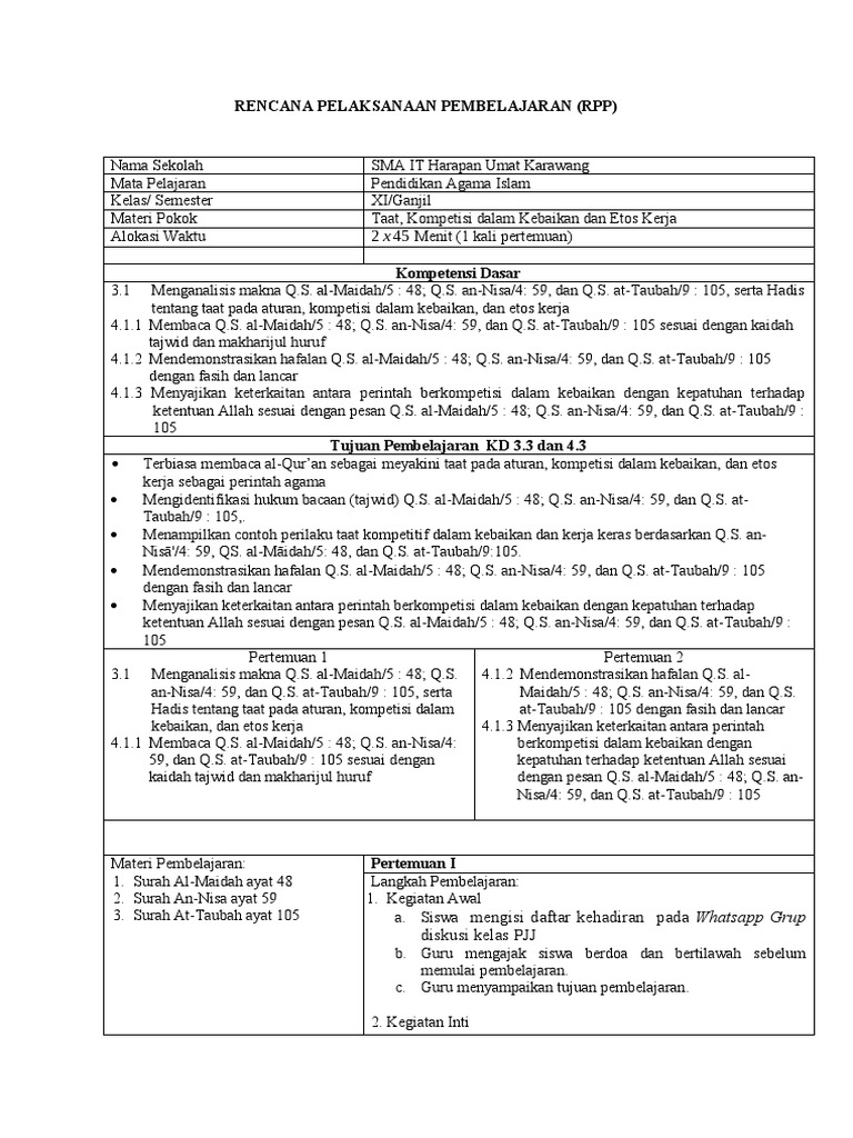RPP PAI Bab 1 Kelas XI | PDF