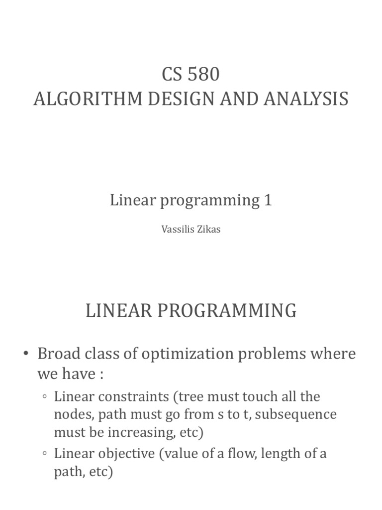 Cs 580 Algorithm Design And Analysis Linear Programming 1 Pdf Linear Programming