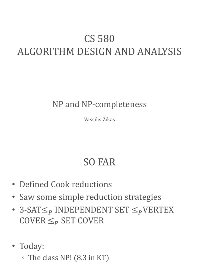Cs 580 Algorithm Design And Analysis Np And Np Completeness Pdf Time Complexity Mathematics