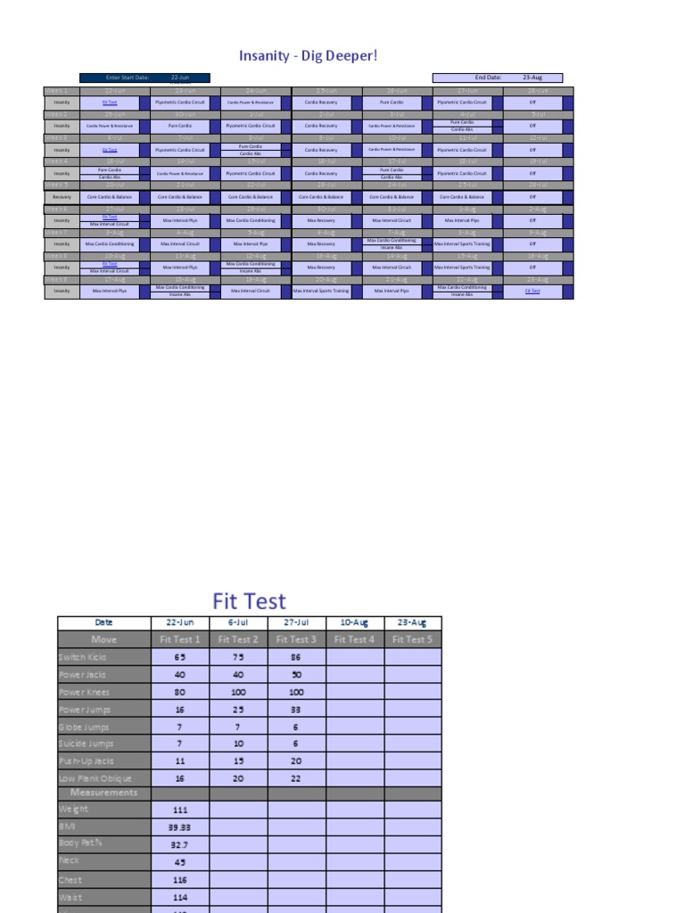 Insanity Workout Schedule & Progress | PDF | Weight | Human Body