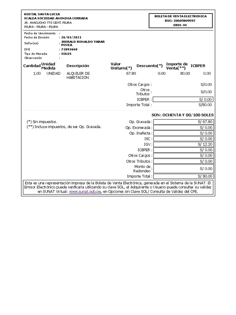 Boleta DE VENTA EJEMPLO | PDF