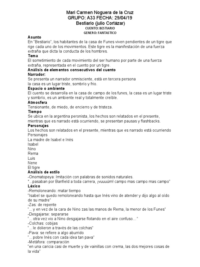 Análisis del cuento "Bestiario" de Cortázar | PDF | Libros para ...
