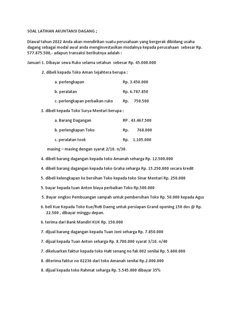 Soal Latihan Akuntansi Dagang 2022 | PDF