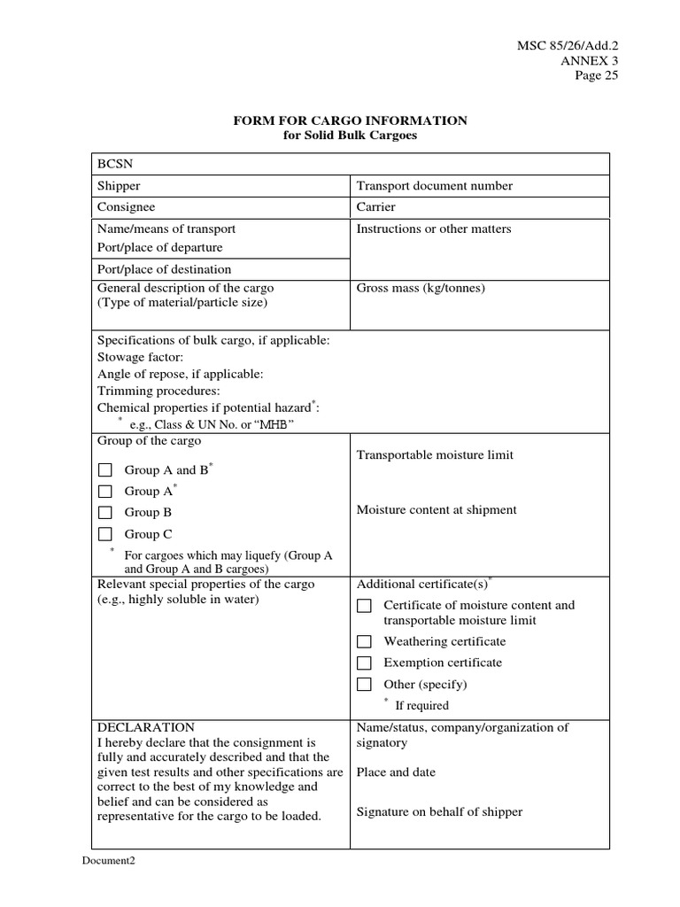 Form For Cargo Information For Solid Bulk Cargoes: E.g., Class & UN No ...