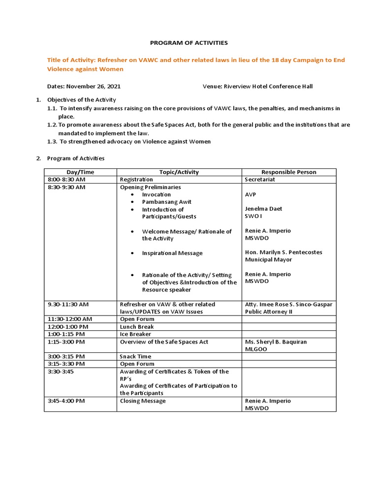 Program of Activities Vawc | PDF