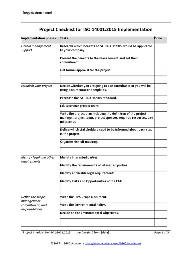 Project Checklist For ISO 14001:2015 Implementation: Implementation ...