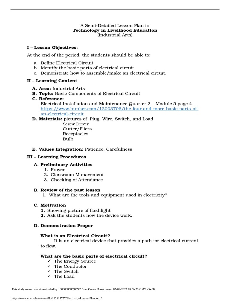 Electricity Lesson Plan | PDF | Electricity | Series And Parallel Circuits