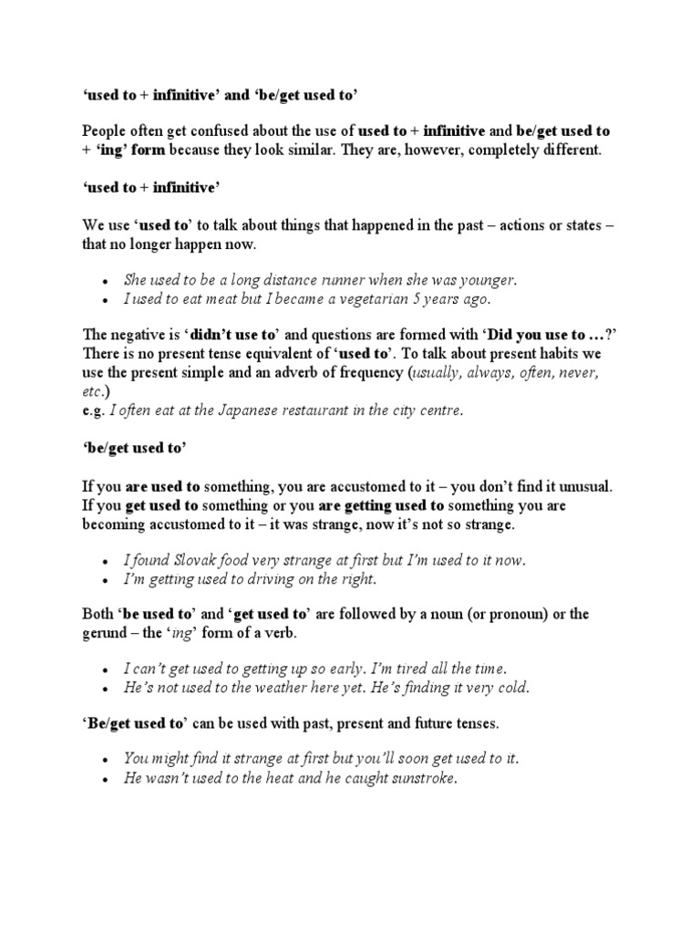 Used To + Infinitive' and Be/get Used To' + Ing' Form Because They Look ...