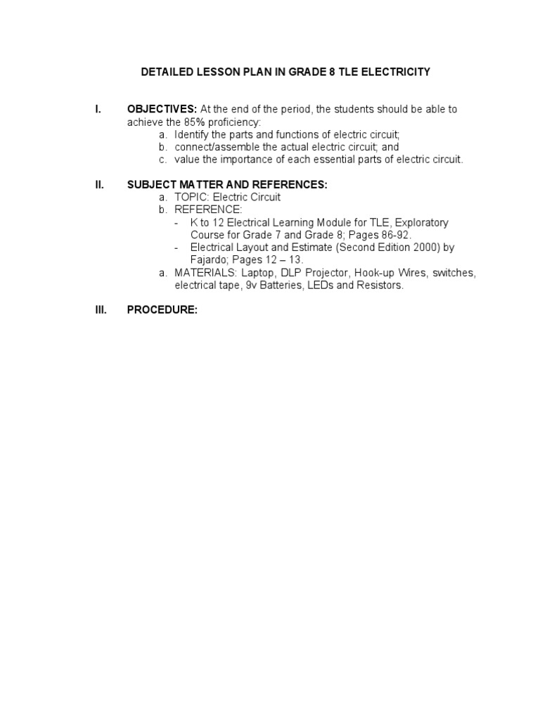Detailed Lesson Plan in Grade 8 Tle Electricity | PDF | Direct Current ...