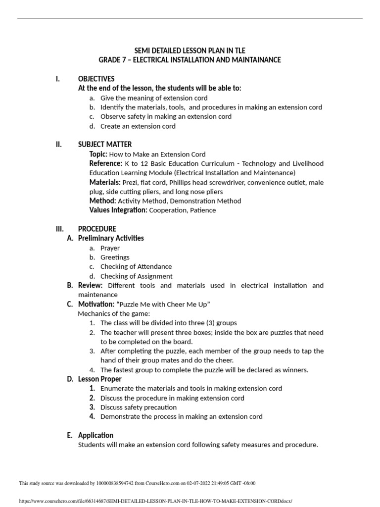 Semi Detailed Lesson Plan in Tle How To Make Extension Cord | PDF ...