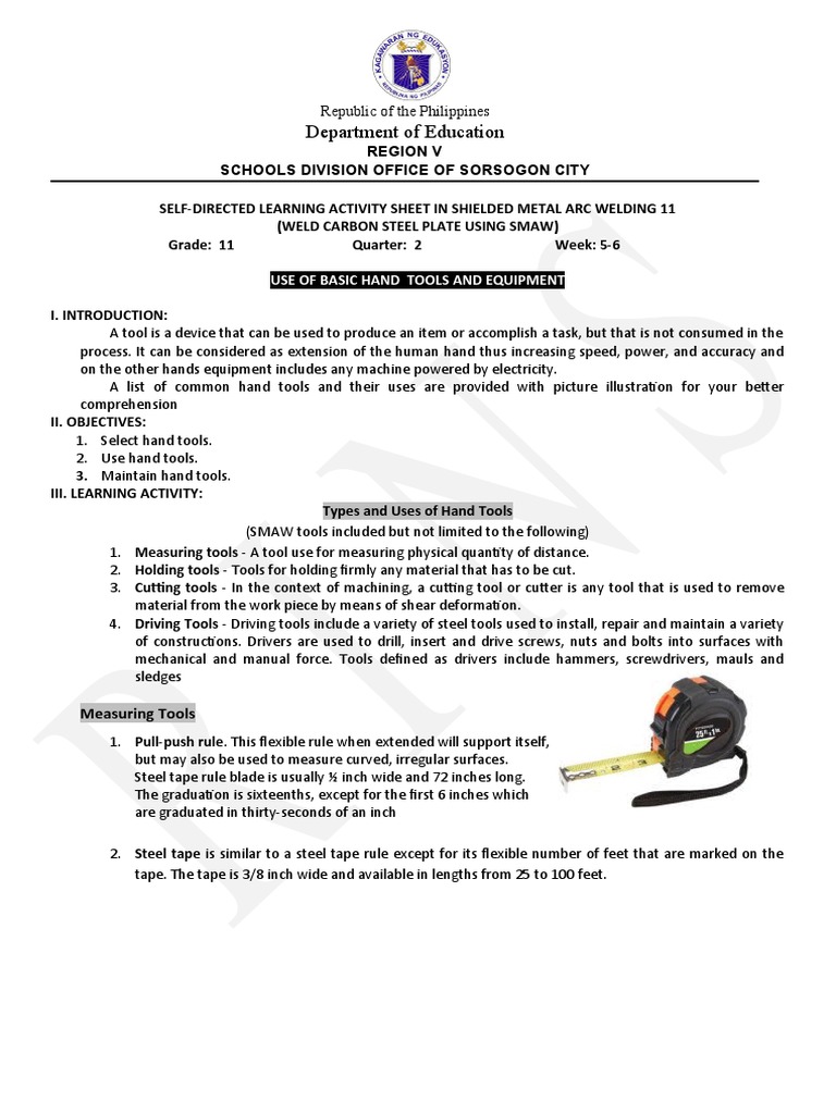 Department of Education: Use of Basic Hand Tools and Equipment | PDF ...