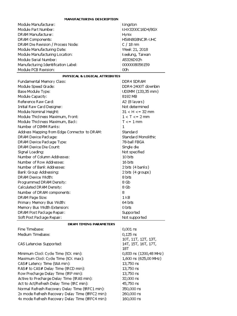 Kingston Khx3200c16d4 8gx | PDF | Dynamic Random Access Memory ...
