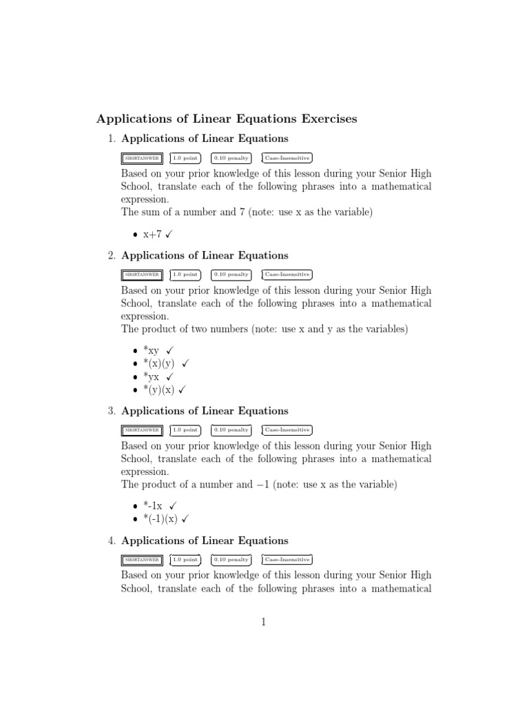 Applications of Linear Equations Exercise 1 | PDF | Equations ...