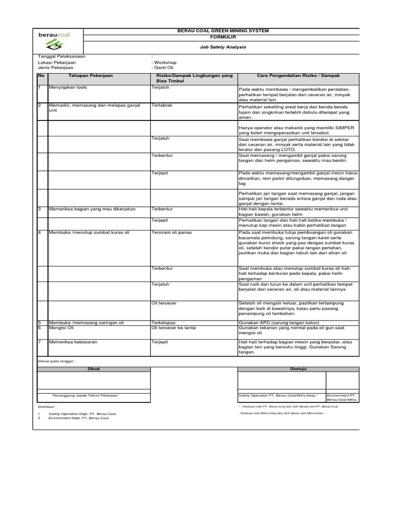 Berau Coal Green Mining System Formulir: Job Safety Analysis | PDF