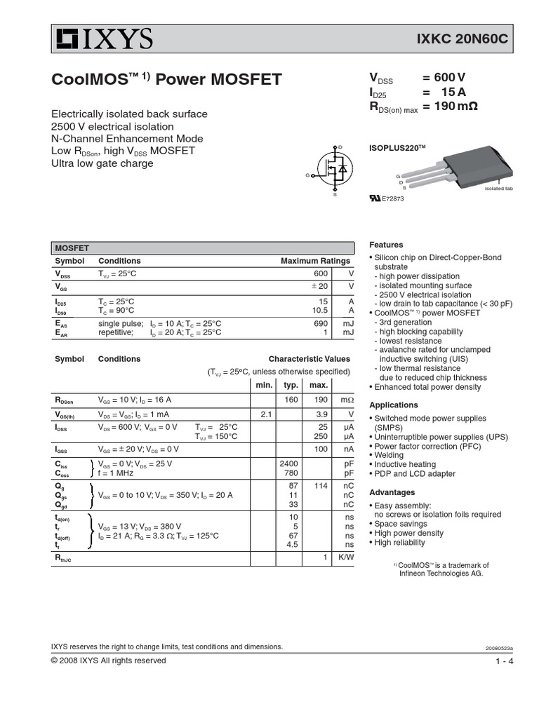 Coolmos Power Mosfet: Ixkc 20N60C | PDF | Mosfet | Field Effect Transistor