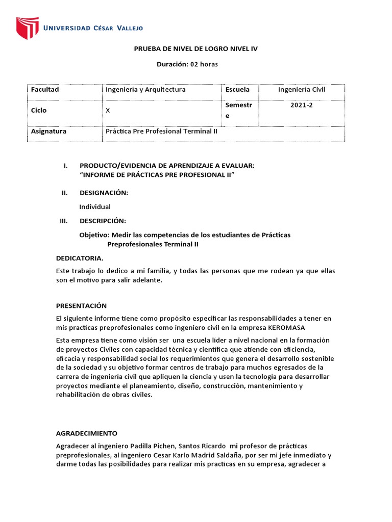PRUEBA DE NIVEL DE LOGRO Nivel 4B | PDF | Ingeniería | Lima